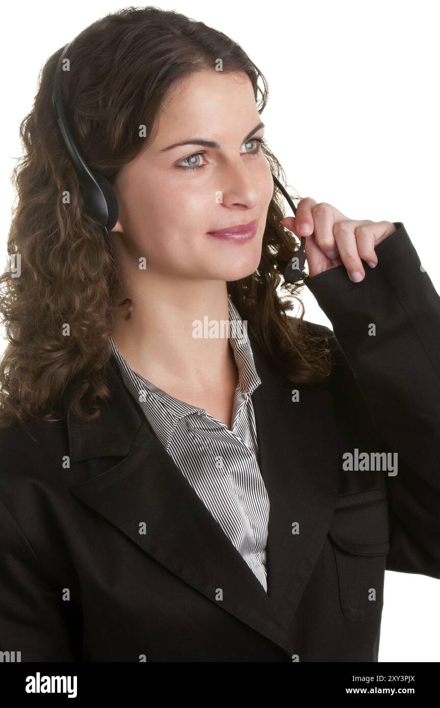 Corporate woman talking over her headset, isolated in a white background Stock Photo - Alamy