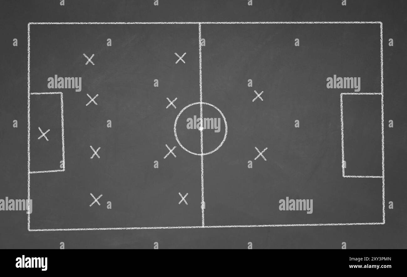 Abstract football field drawn with chalk on blackboard. 4-4-2 scheme ...