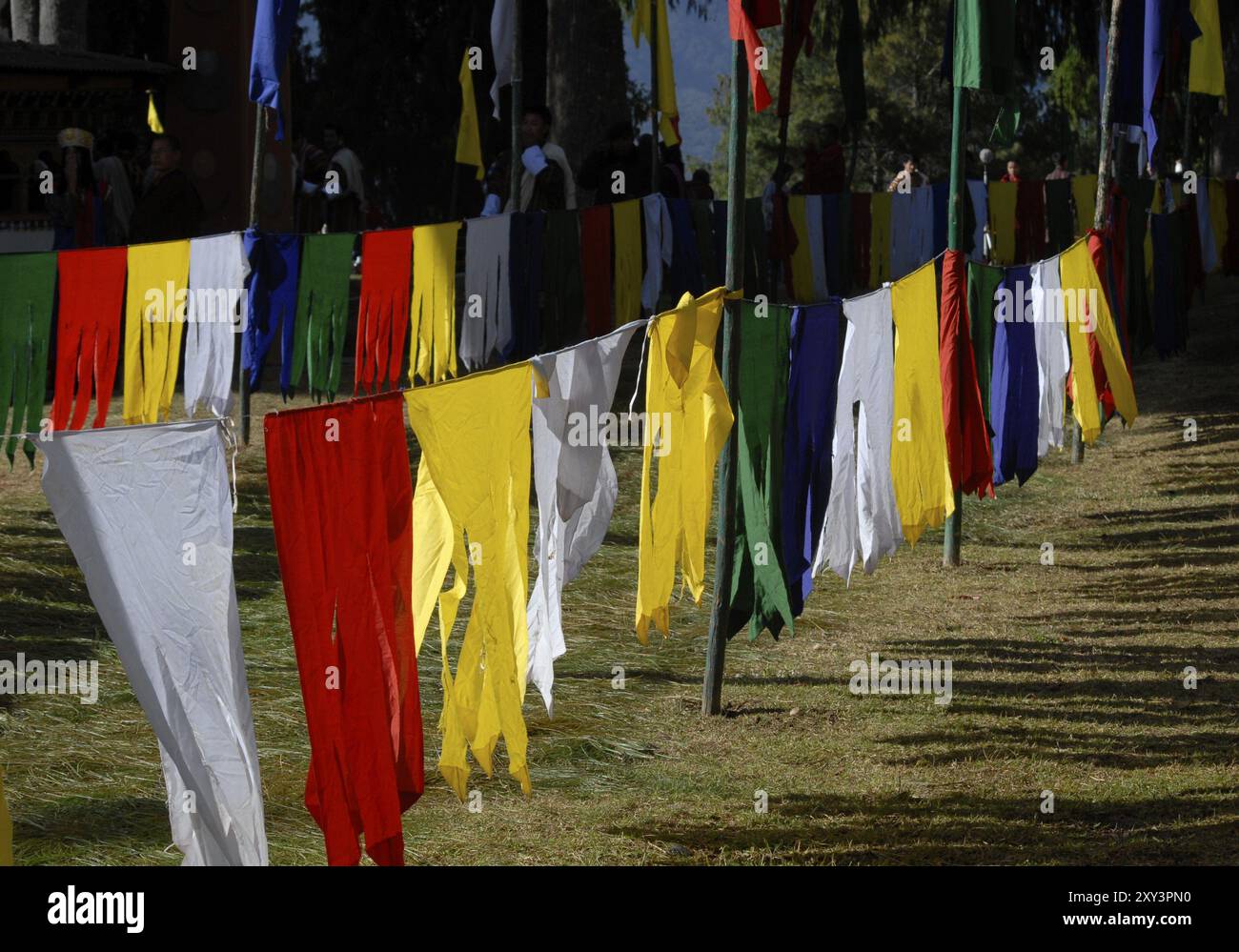 Flags at the entrance of Talo monastery during the Talo festival ...
