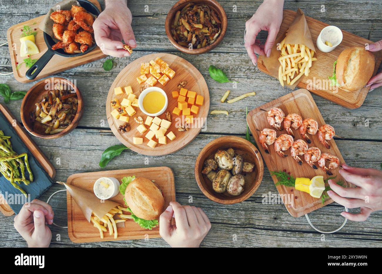 Top view of rustick wooden table with food and snack Stock Photo - Alamy