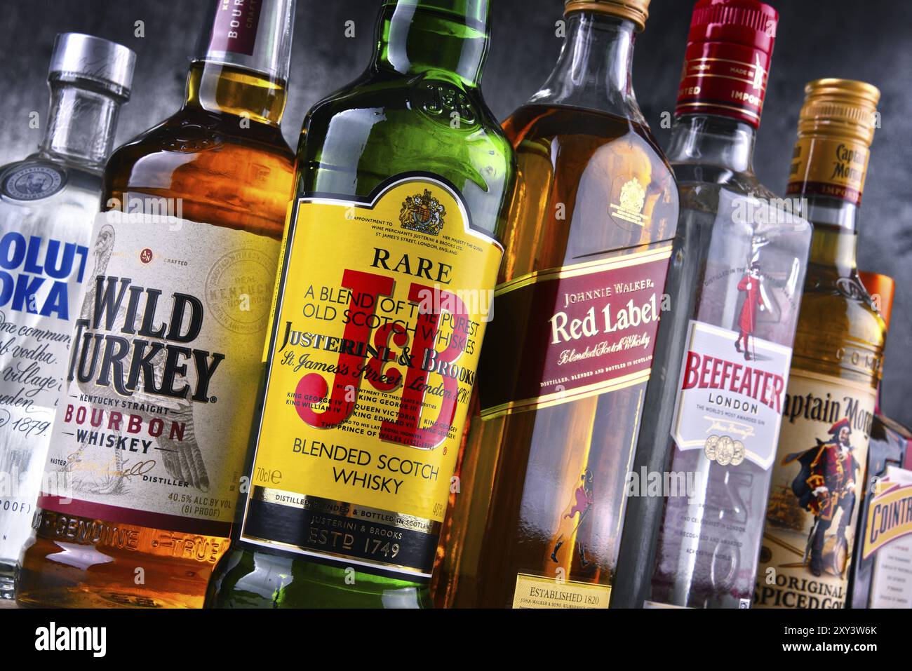 Bottles of assorted global hard liquor brands Stock Photo - Alamy