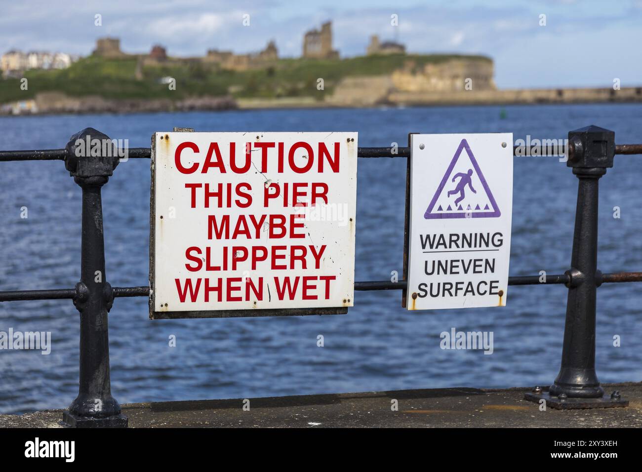 Warning signs on the South Pier in South Shields, Tyne and Wear ...