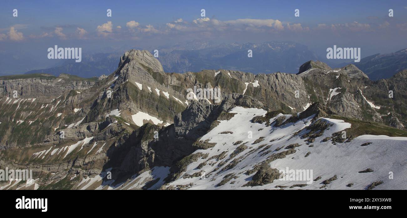 View from Mount Santis, Switzerland. Lisengrat and mountains of the ...