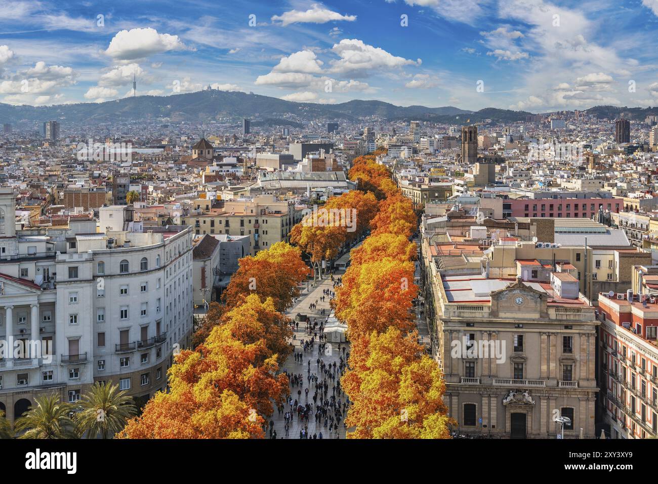 Barcelona Spain, high angle view city skyline at La Rambla street with ...