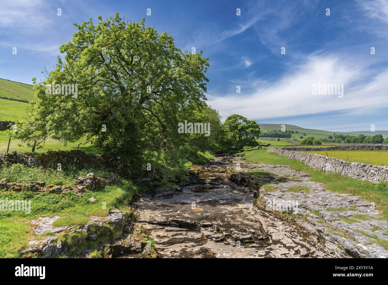 Yorkshire landscape with the dried-up River Skirfare near Litton, North ...