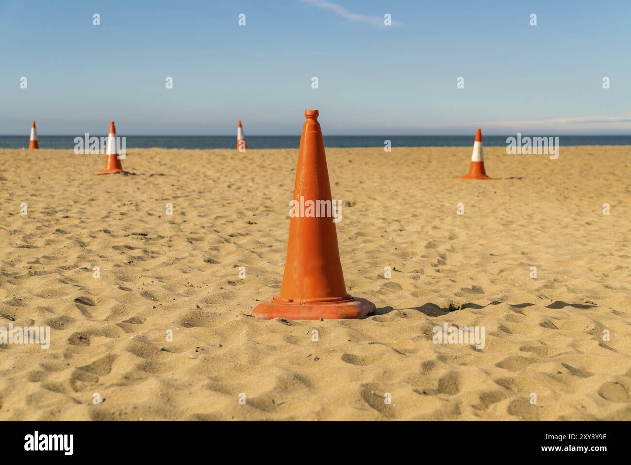 Pylons on the beach, seen in Aberporth Bay, Ceredigion, Dyfed, Wales ...