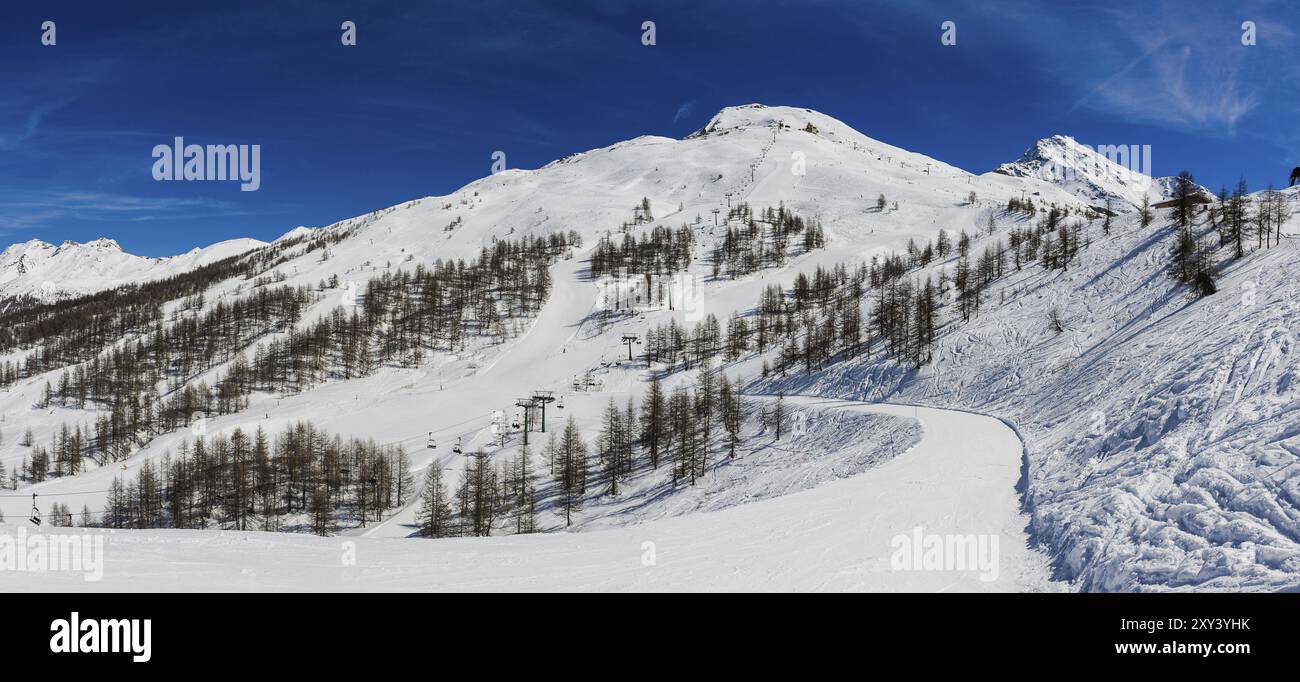 View over the snow-clad slopes of Sestriere in the Milky Way ski resort ...