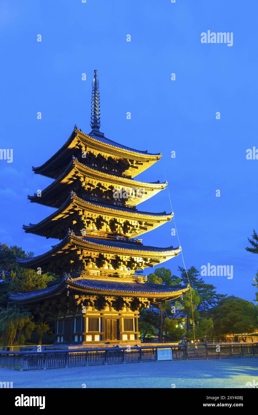 Beautiful blue sky and lighted five story pagoda, goju-no-to, at ...