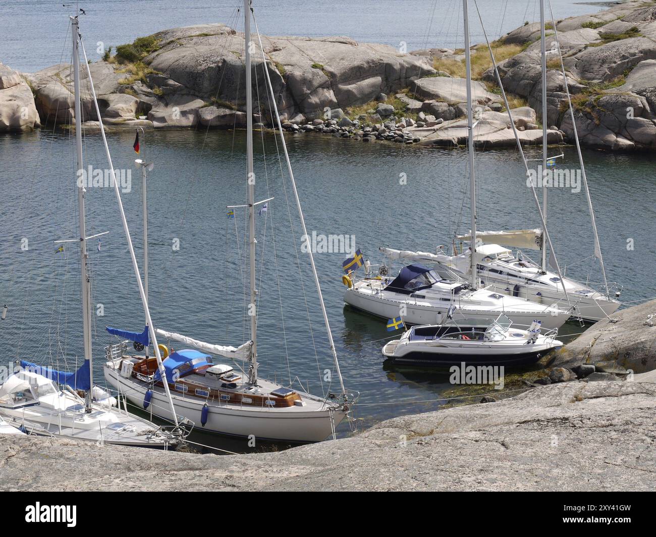 Anchorage on the rocks on the Swedish west coast. Morring at the ...