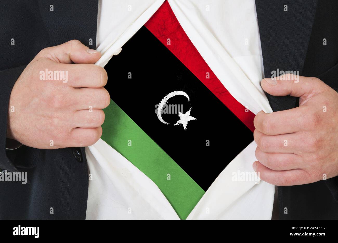 The Libyan flag painted on the chest of a man Stock Photo - Alamy