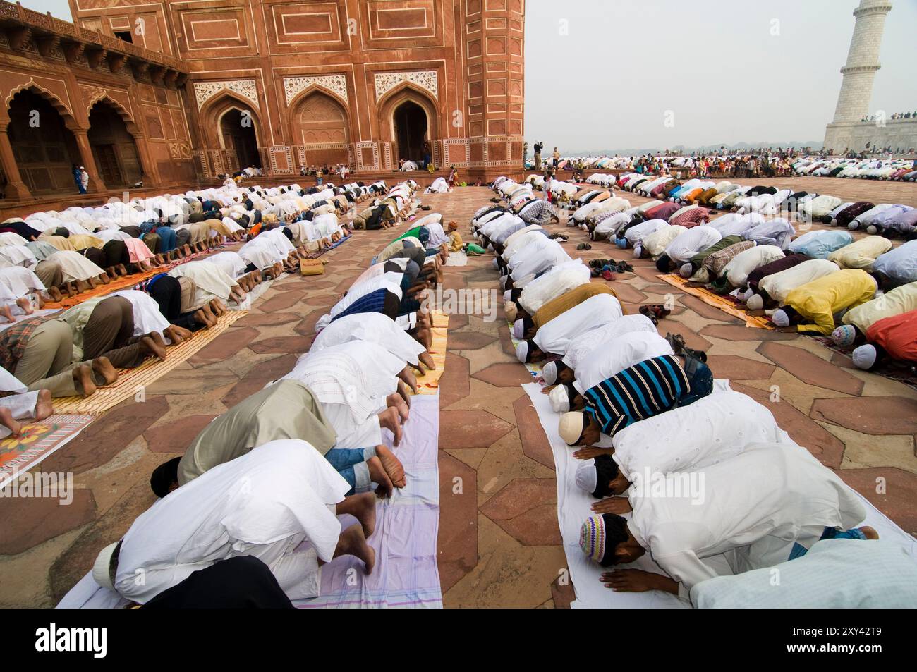 Muslim men pray by the mosque next to the Taj Mahal in Agra Stock Photo ...