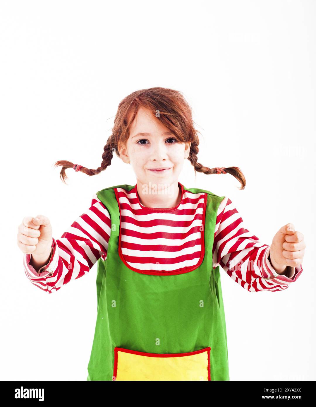 Little girl dressed as Pippi Longstocking with white background Stock ...