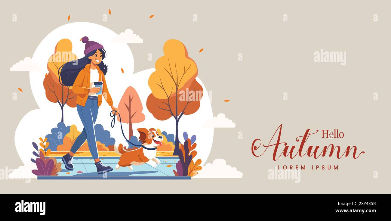 Hello Autumn. young girl walking with dog. Cartoon abstract vector ...