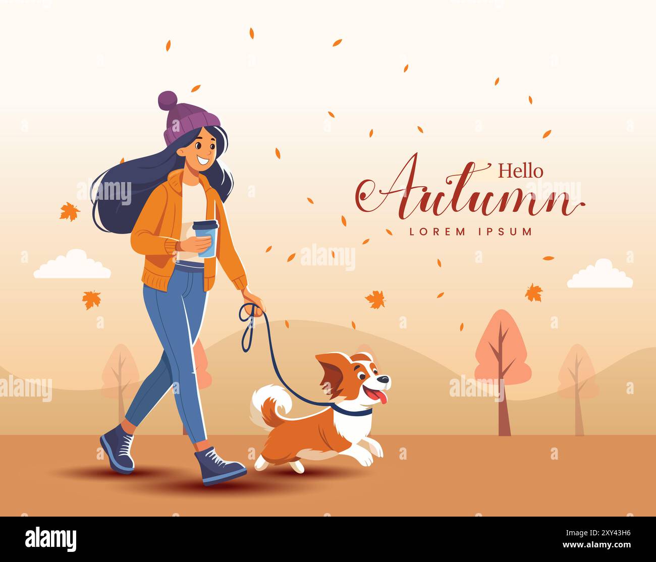 Hello Autumn. young girl walking with dog. Cartoon abstract vector ...