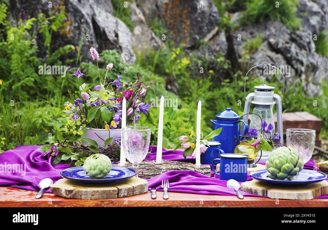 Wedding table setting decorated in rustic style. Mountains view Stock ...