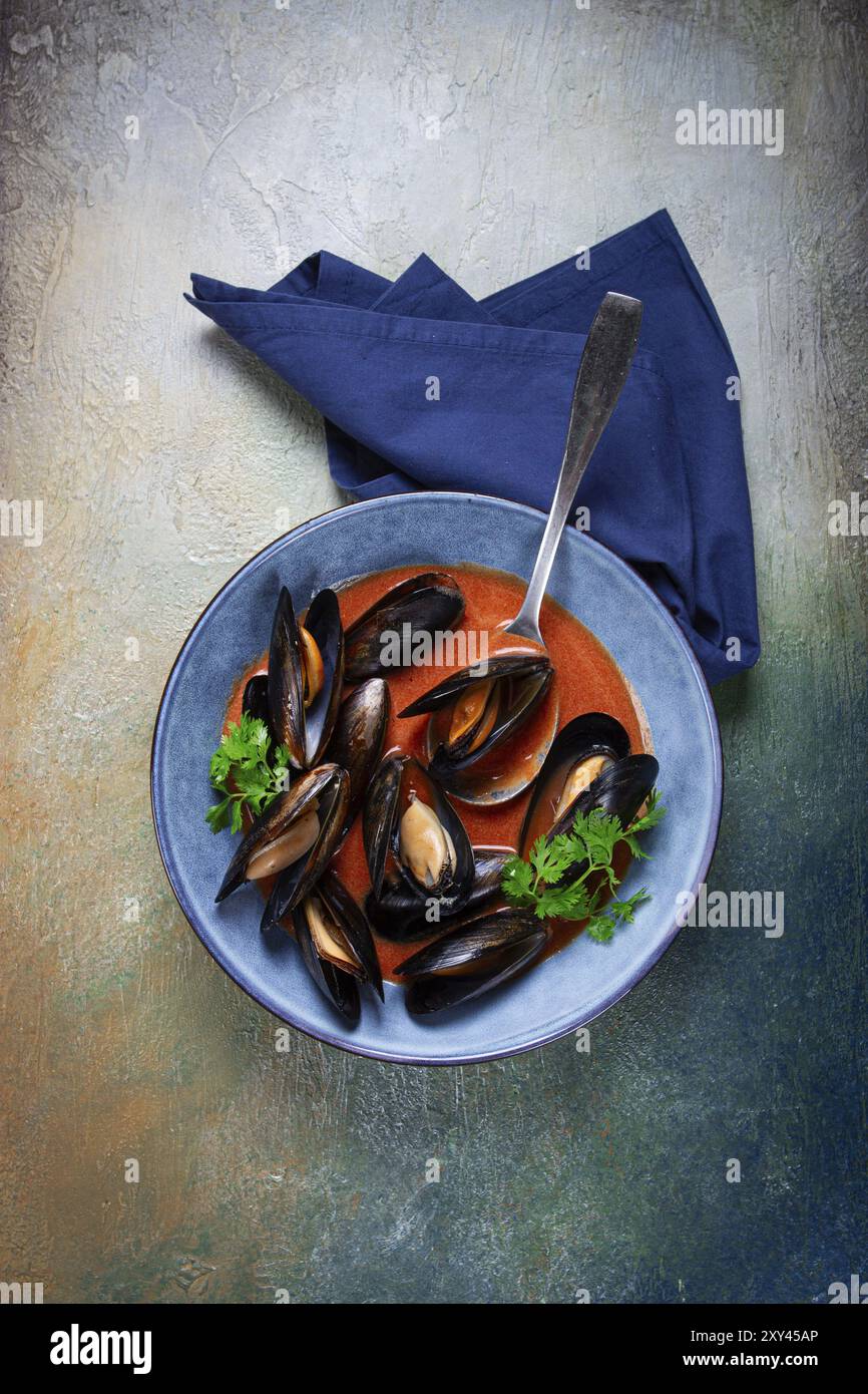 Fra Diavolo mussels, mussels in tomato sauce, Italian dish, top view ...
