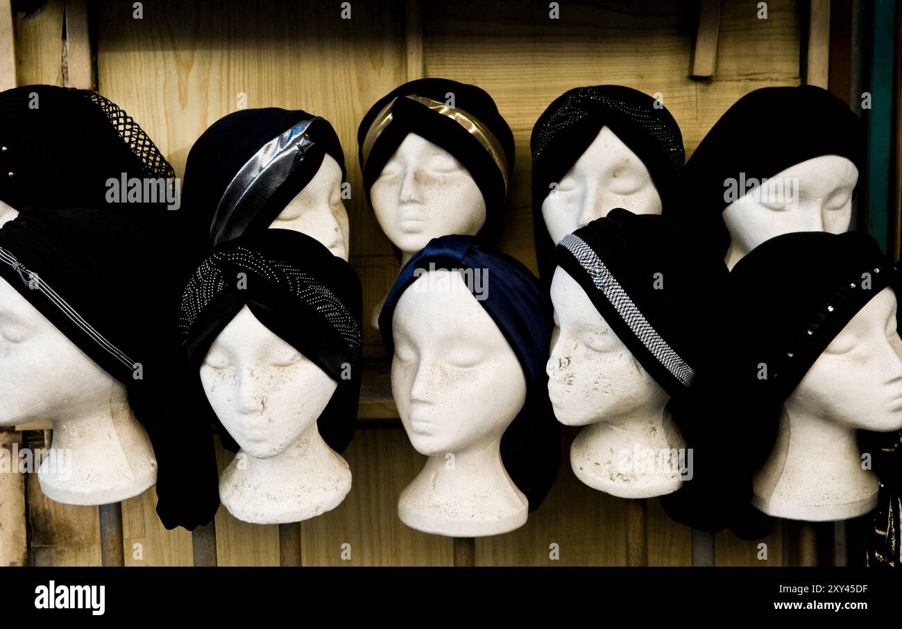 Jewish women headcovers displayed by a shop in the Geula neighborhood ...