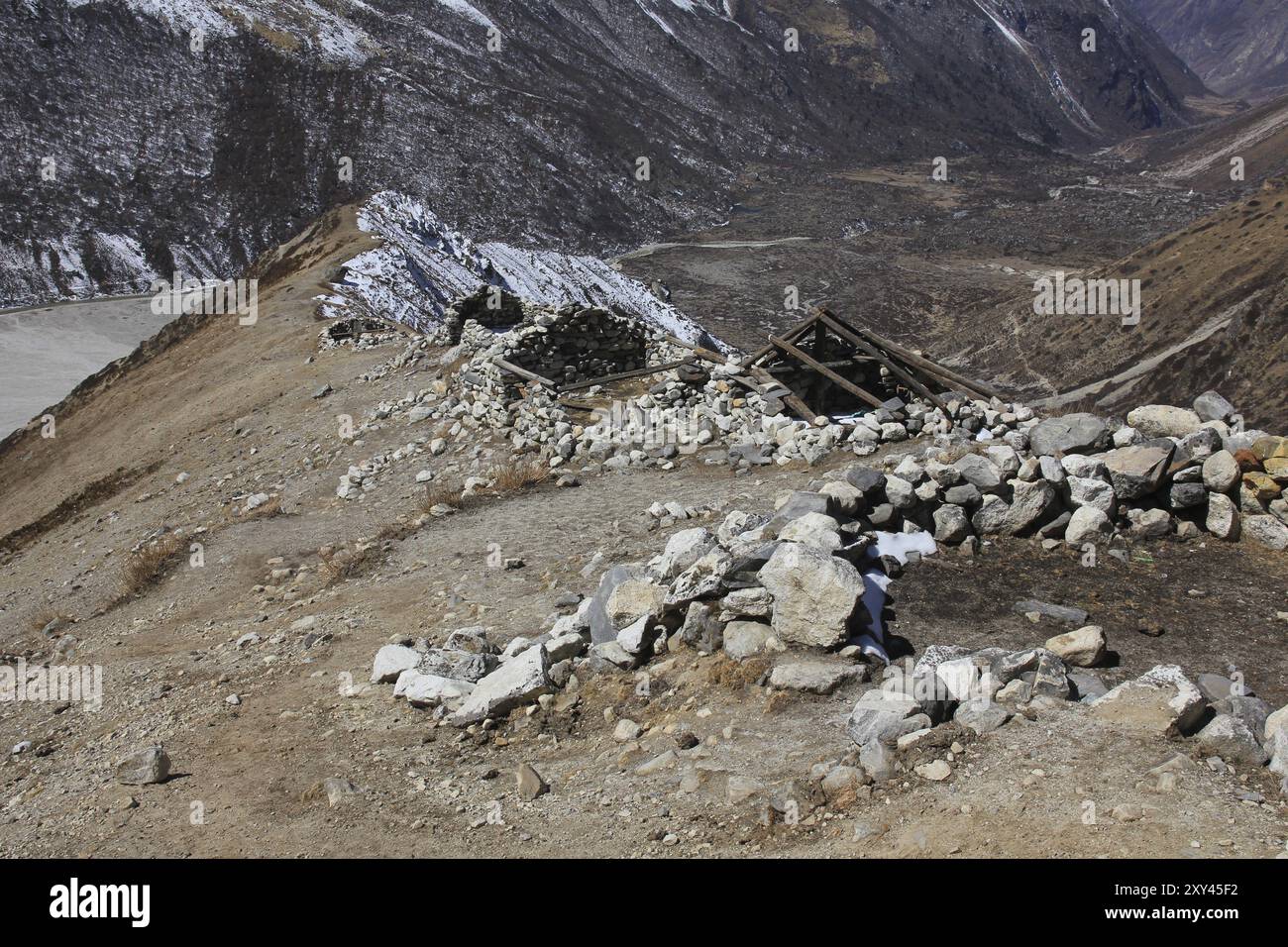 Scene in the Langtang National Park, Nepal. Roofless stone huts on a ...
