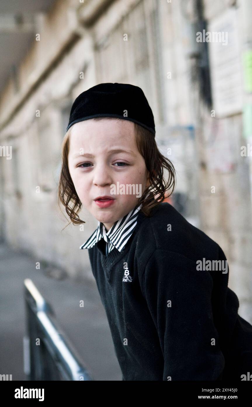 Portrait of a Jewish boy taken at the Geula ultra-Orthodox neighborhood ...