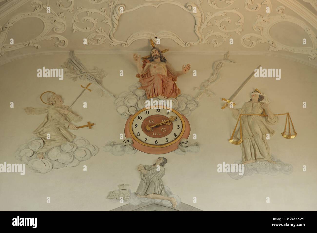 Relief world judgement with Jesus, decorations, Justitia and clock ...