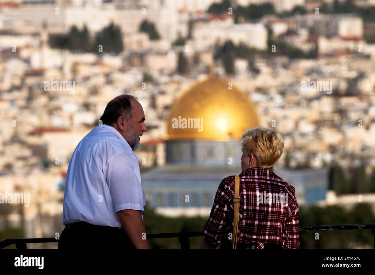 Tourist enjoying the view of Jerusalem from the top of the Mount of ...