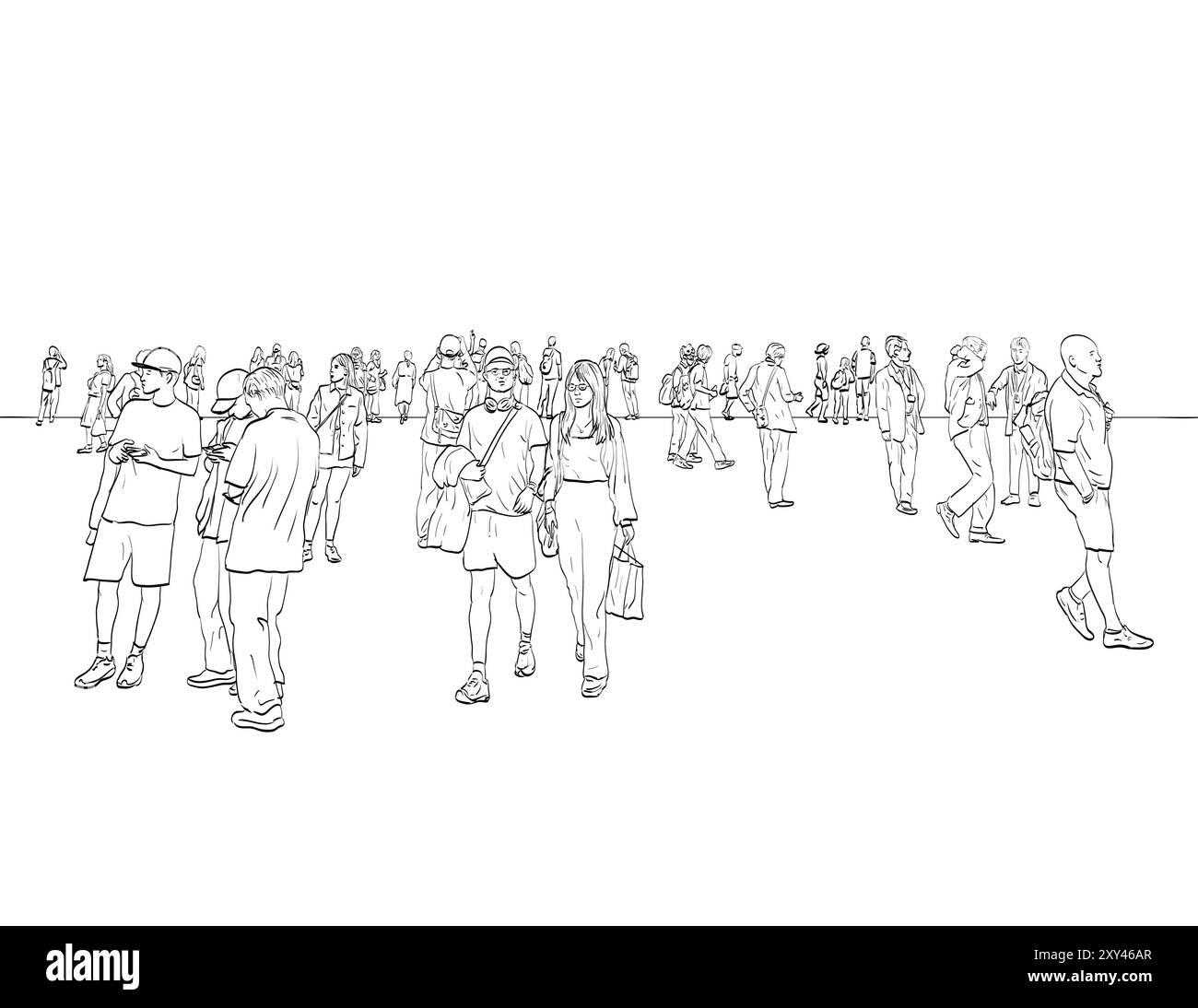 Drawing sketch style illustration of a crowd of young and old tourist ...