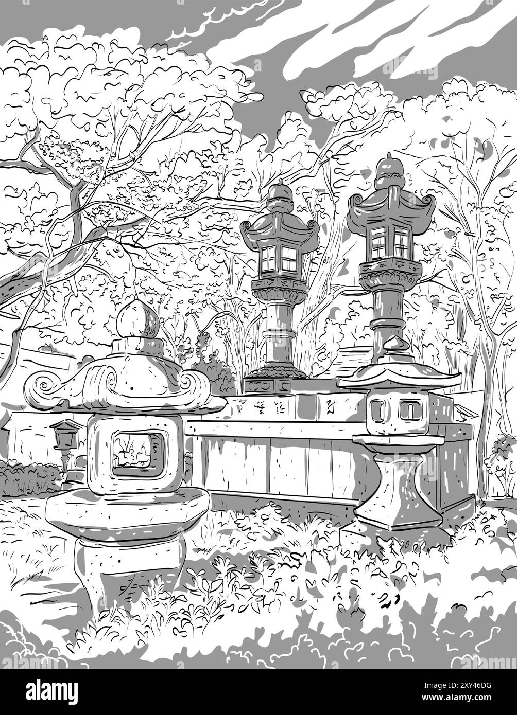 Drawing sketch style illustration of a Japanese stone lantern in garden ...