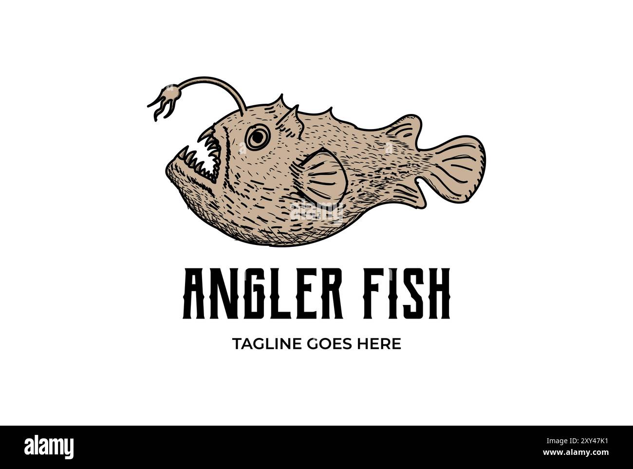 Retro Vintage Hand Drawn Sketch Ocean Angler Fish Logo Design Vector ...