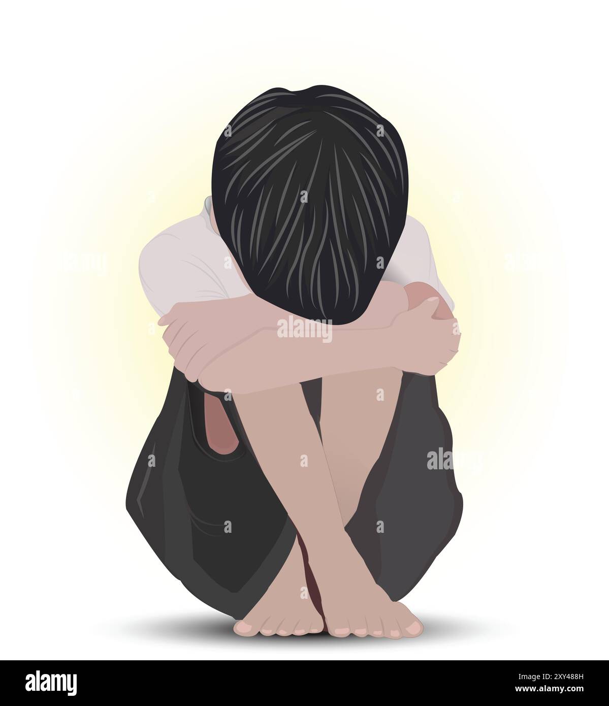 lonely abandoned school boy sitting alone feeling sorrow. Scared orphan ...