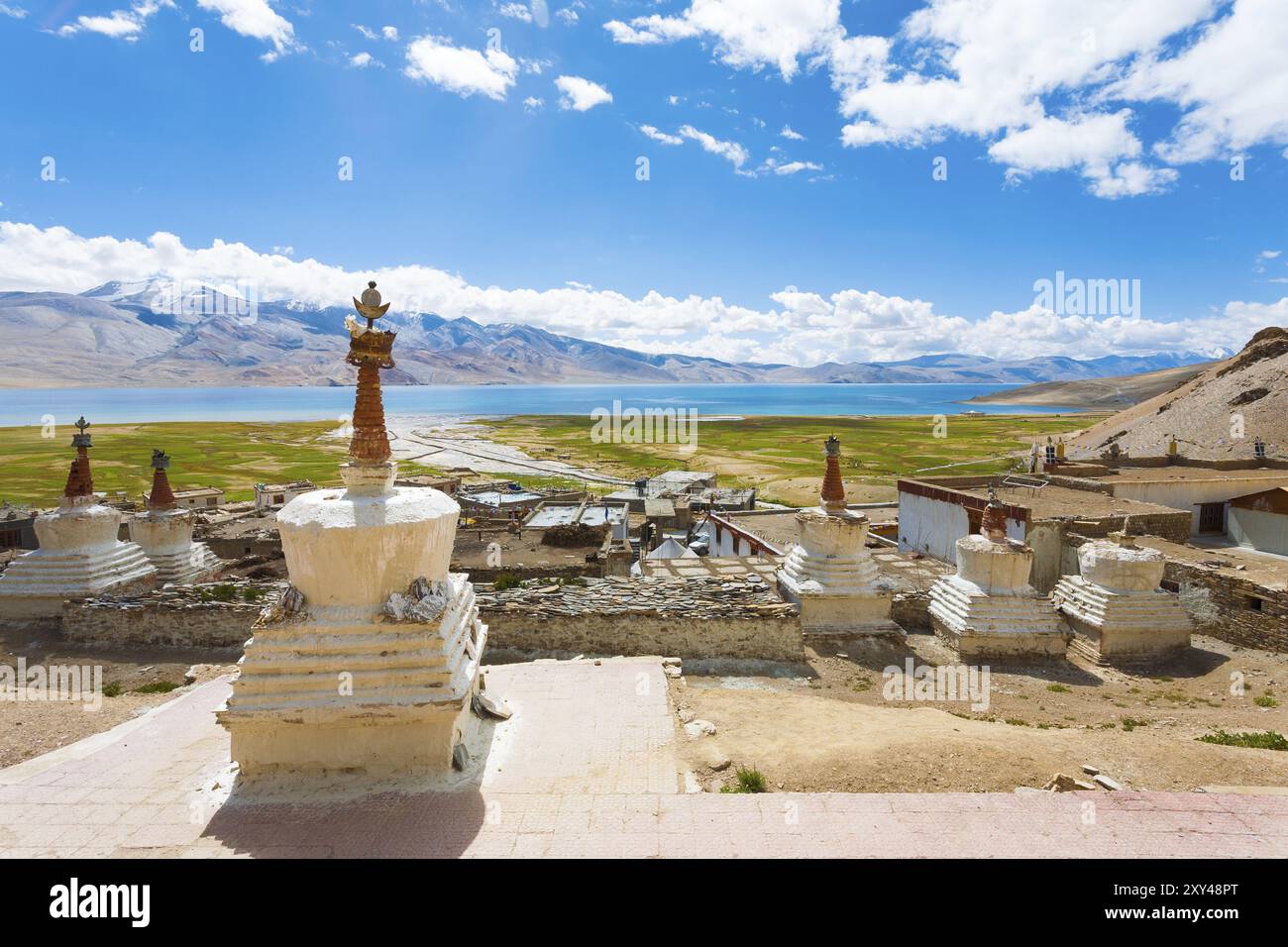 High angle view of high altitude Tso Moriri Lake from monastery stupa ...