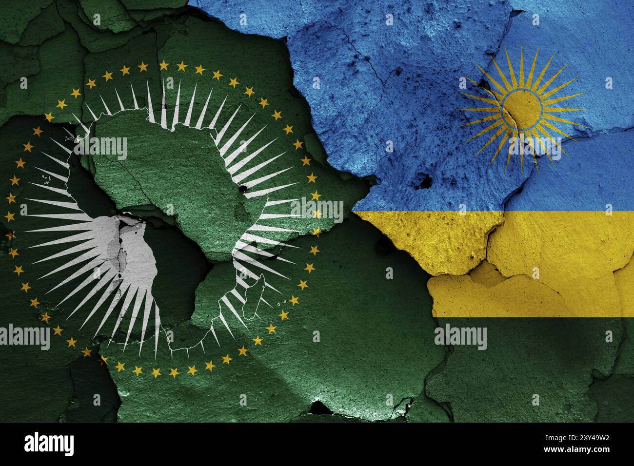 Flags of African Union and Rwanda painted on cracked wall Stock Photo ...