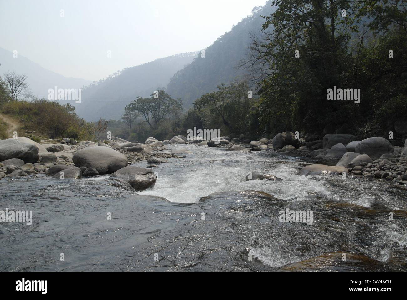 Wild river near the village Lingmethang (Mongar district), Bhutan, Asia ...