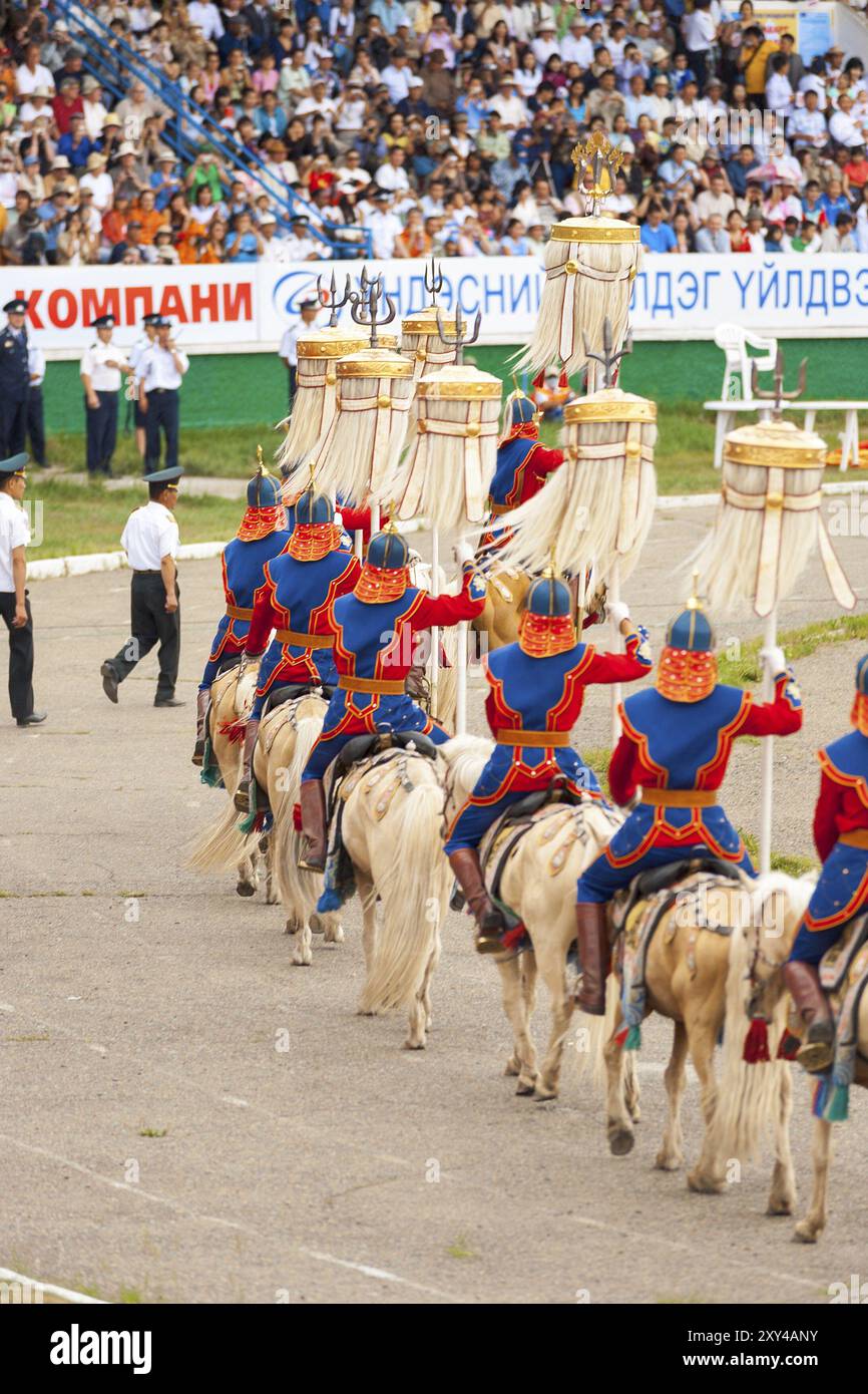 Ulaanbaatar, Mongolia, June 11, 2007: Soldiers on horses parade in the ...