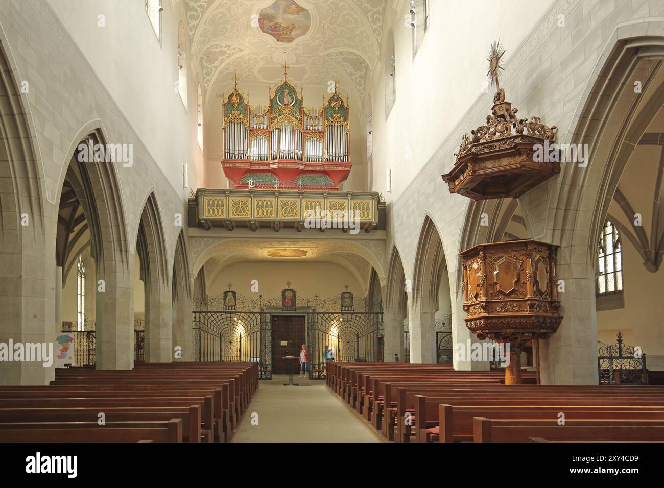 Interior view with pulpit, organ and pews, ceiling fresco, late Gothic ...