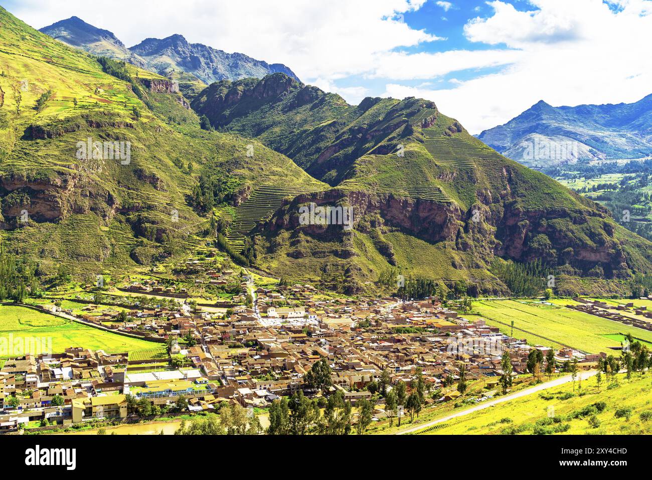 View of Pisac village and the Willkanuta River at the Sacred Valley of ...