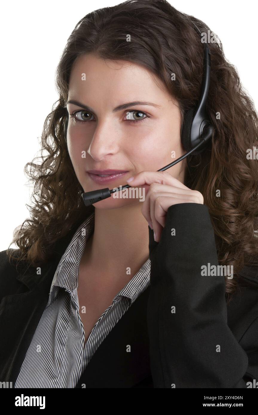 Corporate woman talking over her headset, isolated in a white background Stock Photo - Alamy