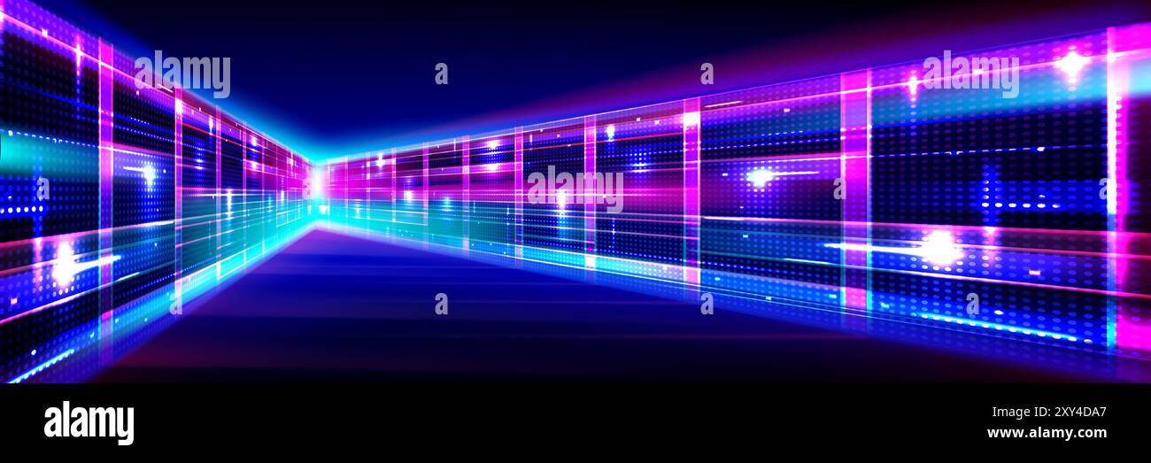 Abstract data center room with bright neon blue and pink light glowing ...