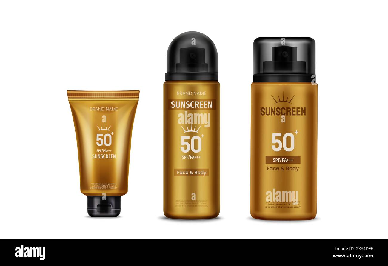 Sunscreen bottles set isolated on white background. Vector realistic ...