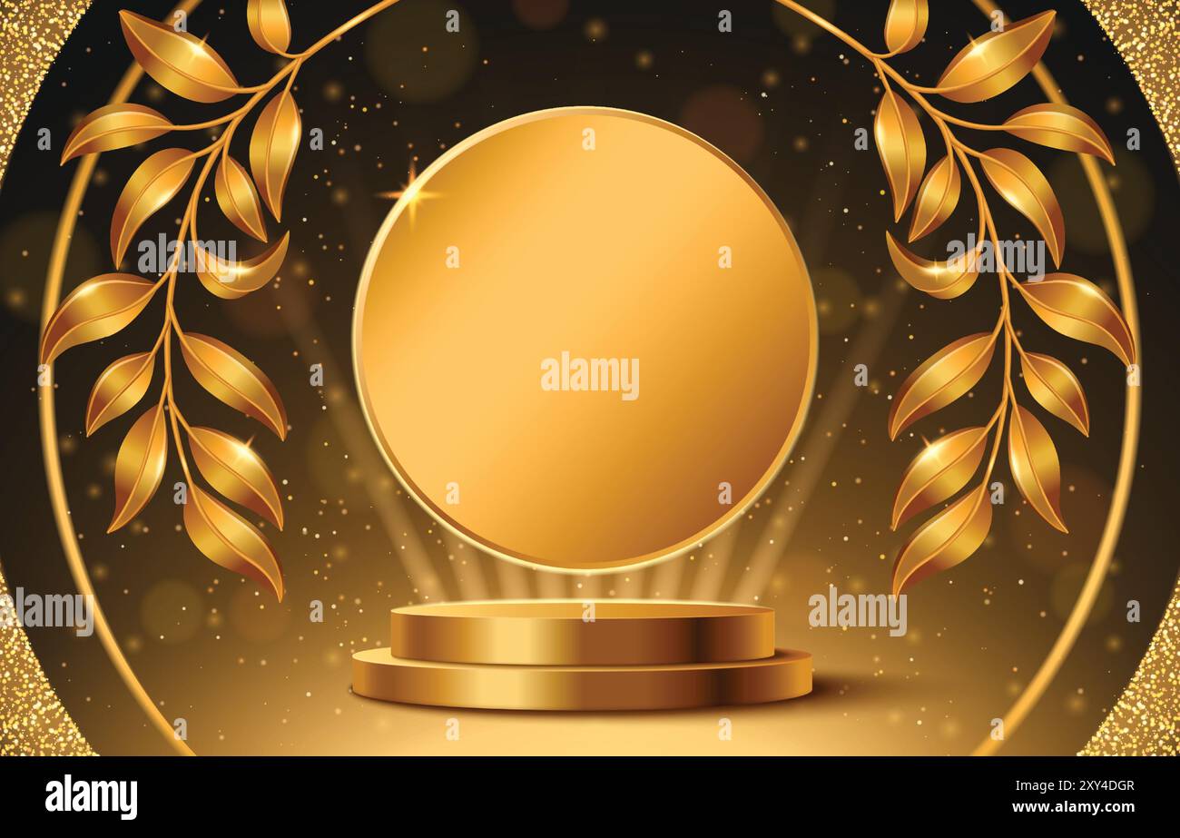 Golden award on pedestal with laurel wreath. Vector realistic ...