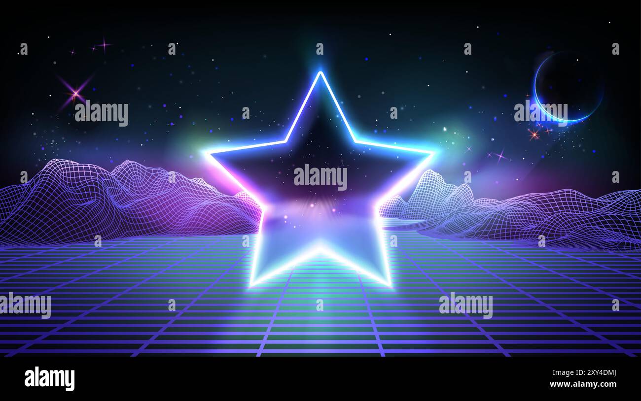Retro banner with star portal on wireframe landscape. Vector realistic ...