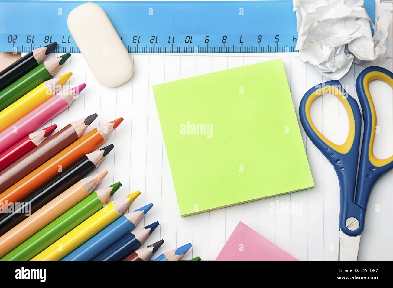 Set of pencils, scissors, rubber, ruler and paper, school and office tools Stock Photo - Alamy