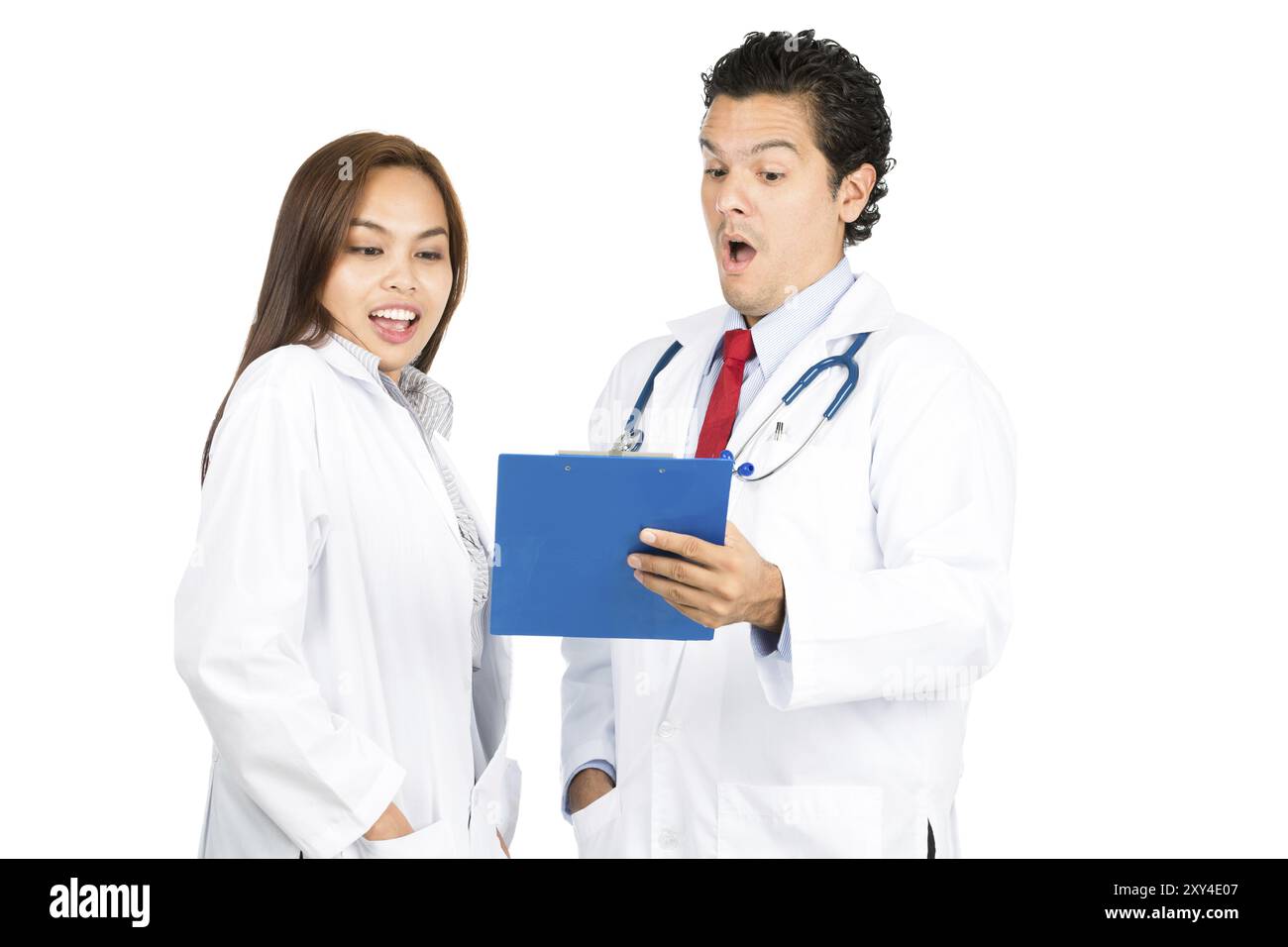 A diverse male, female team of doctors shows exaggerated reaction mixed ...