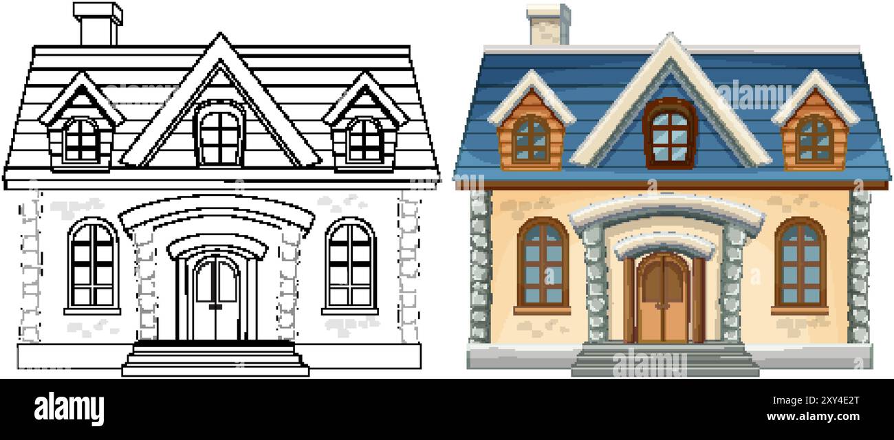 Color and outline versions of a cozy cottage Stock Vector Image & Art ...