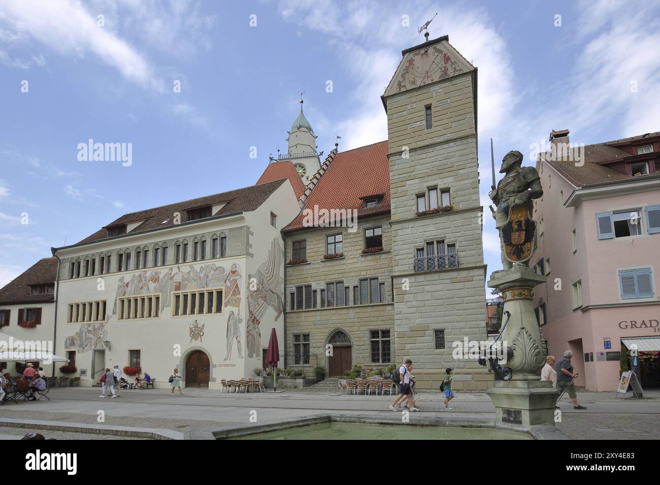 Penny tower at the town hall built in 1490 and imperial fountain with ...