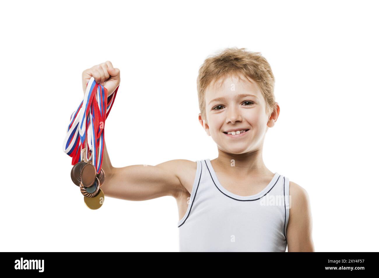Sport success and win concept, smiling athlete champion child boy hand ...