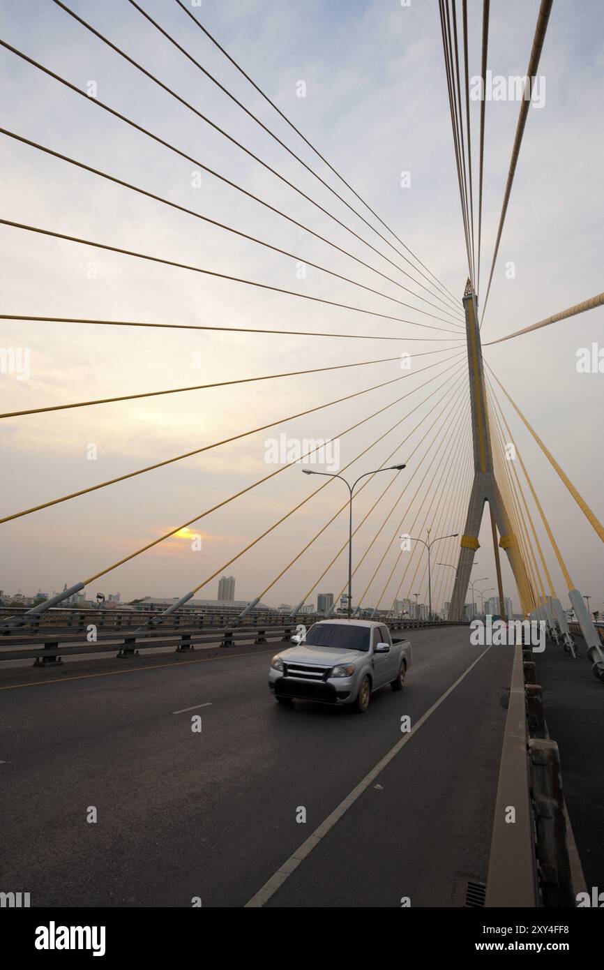 The beautiful Rama VIII cable-stayed suspension bridge at sunset in ...