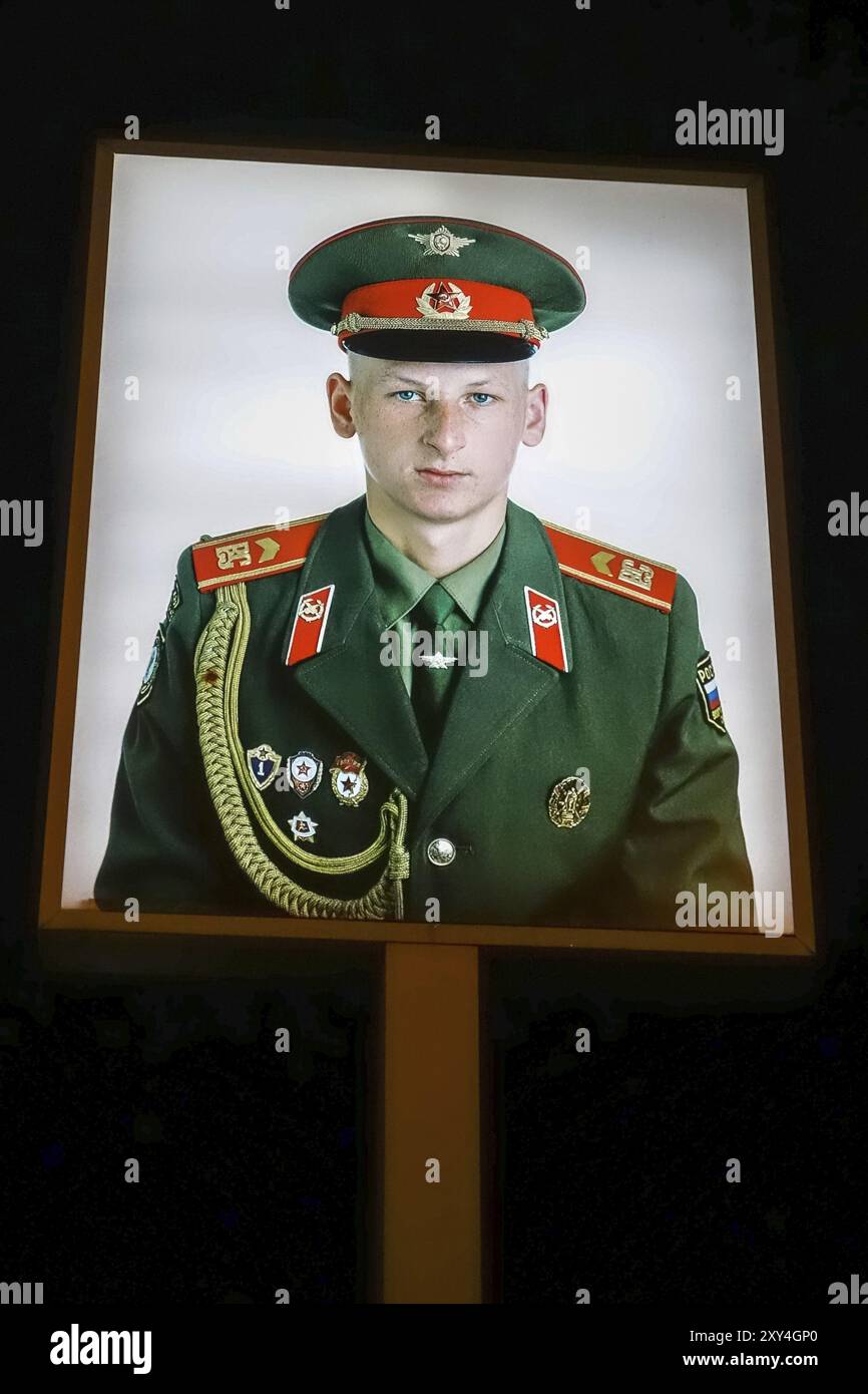 Berlin Germany, 2014. Illuminated photograph of a Soviet soldier at ...