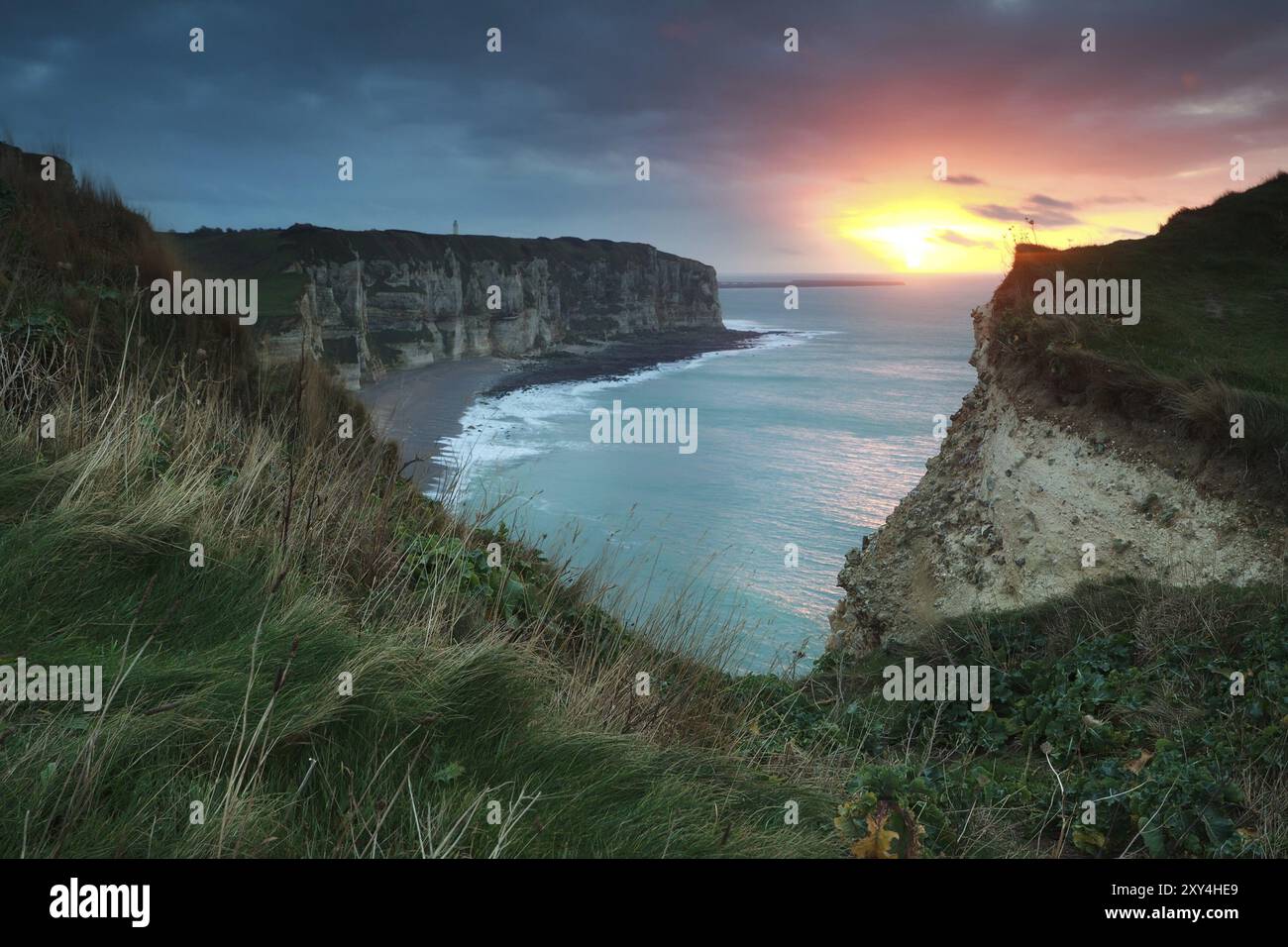 Dramatic purple sunset over Atlantic ocean, Etretat, Normandy, France, Europe Stock Photo - Alamy