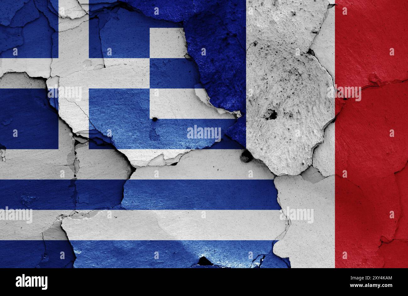 Flags of Greece and France painted on cracked wall Stock Photo - Alamy