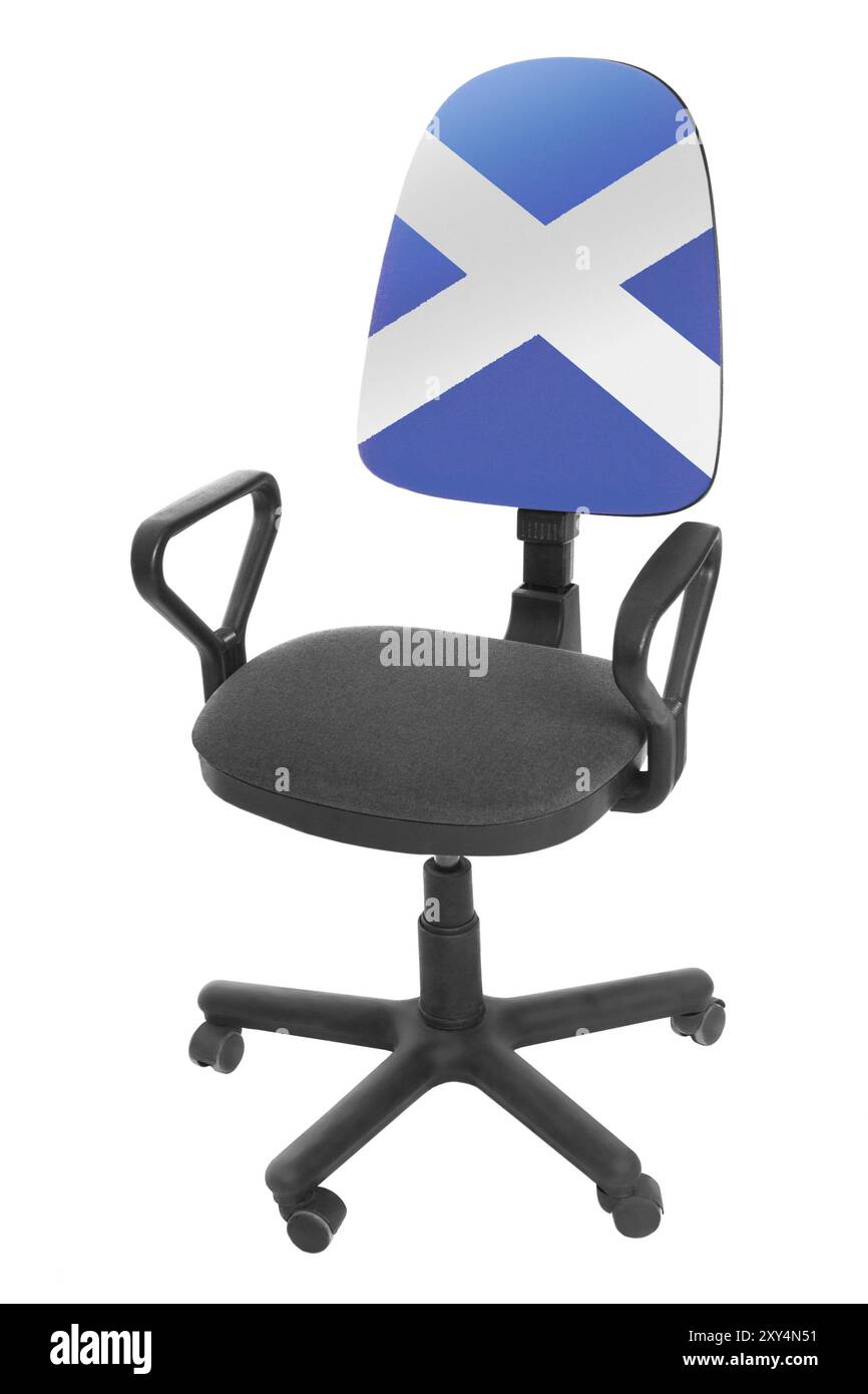 The Scotland flag, on the back of a chair. Isolated on white background ...